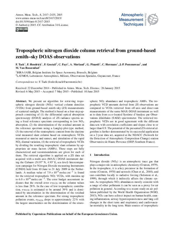 (PDF) Tropospheric nitrogen dioxide column retrieval from ground-based ...
