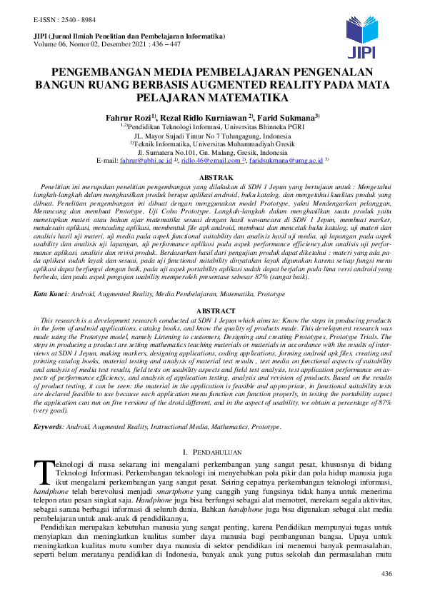 (PDF) Pengembangan Media Pembelajaran Pengenalan Bangun Ruang Berbasis Augmented Reality Pada ...