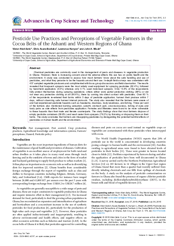 (PDF) Pesticide Use Practices and Perceptions of Vegetable Farmers in the Cocoa Belts of the ...
