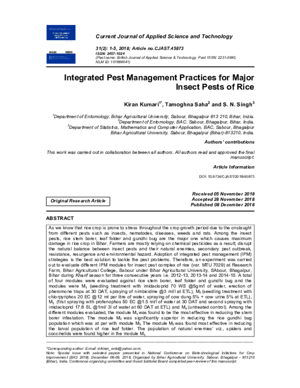 (PDF) Integrated Pest Management Practices for Major Insect Pests of Rice