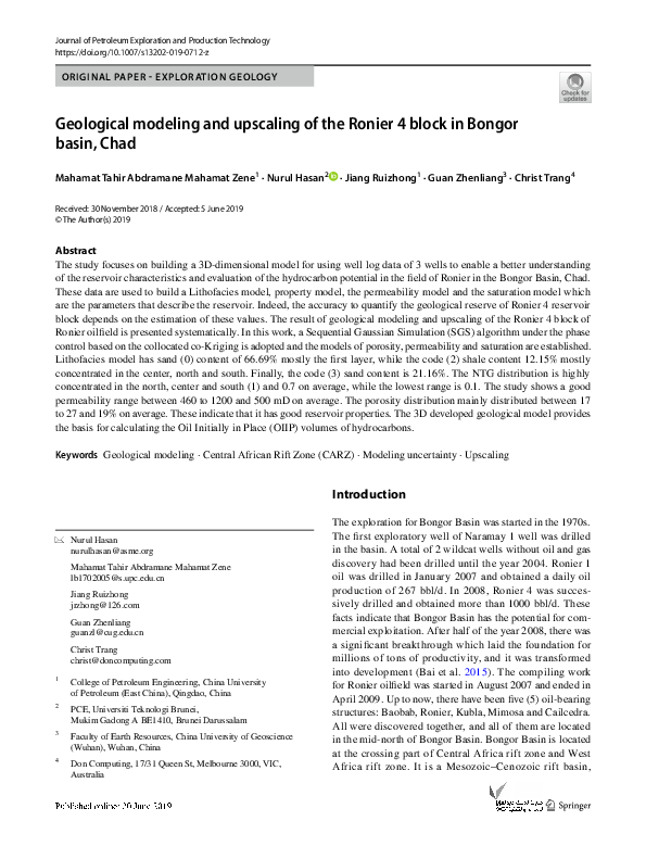 (PDF) Geological modeling and upscaling of the Ronier 4 block in Bongor ...