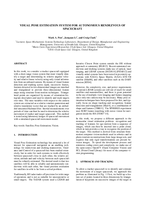 (PDF) Visual pose estimation system for autonomous rendezvous of spacecraft | Mark Post ...