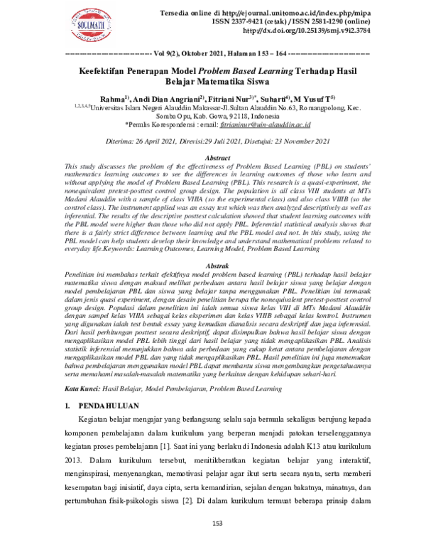 (PDF) Keefektifan Penerapan Model Problem Based Learning Terhadap Hasil Belajar Matematika Siswa