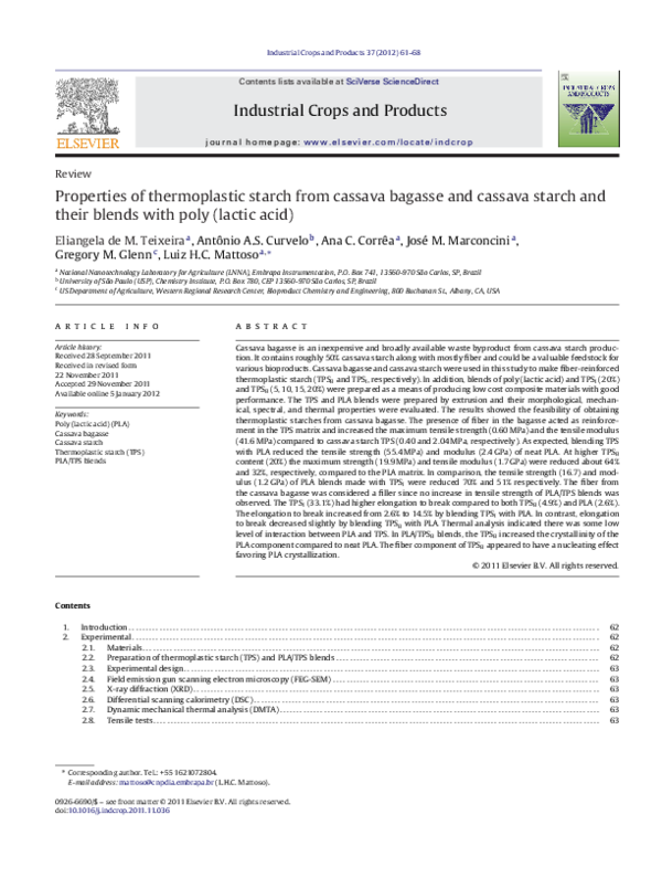 (PDF) Properties of thermoplastic starch from cassava bagasse and cassava starch and their ...