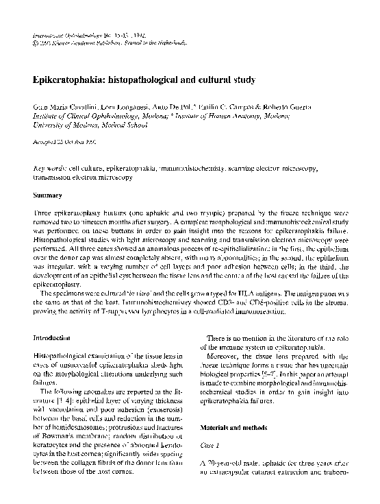 (PDF) Epikeratophakia: histopathological and cultural study