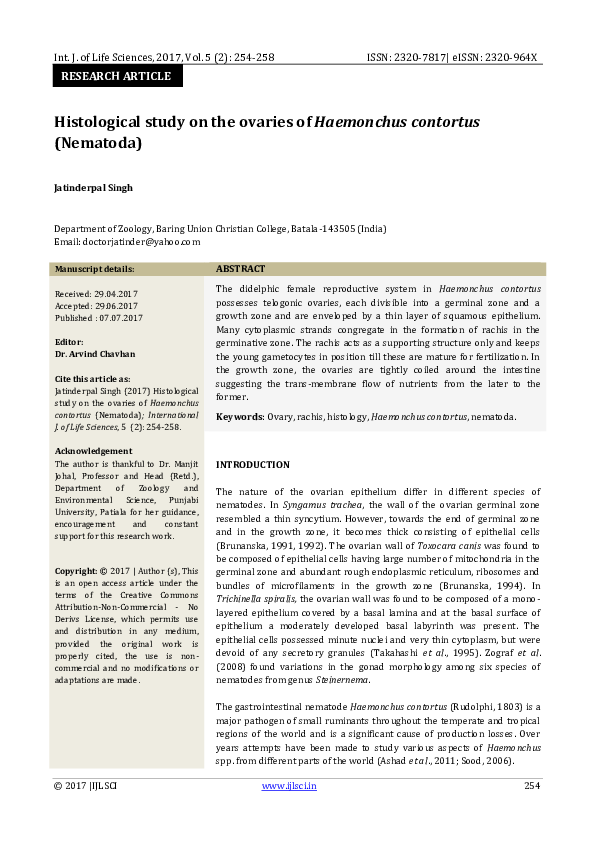 (PDF) Histological study on the ovaries of Haemonchus contortus (Nematoda)