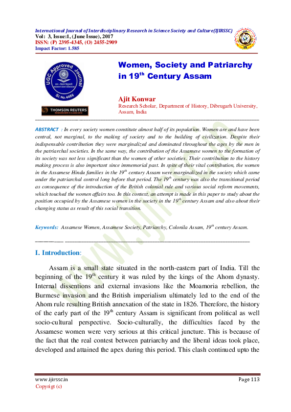 (PDF) Women, Society and Patriarchy in 19 th Century Assam
