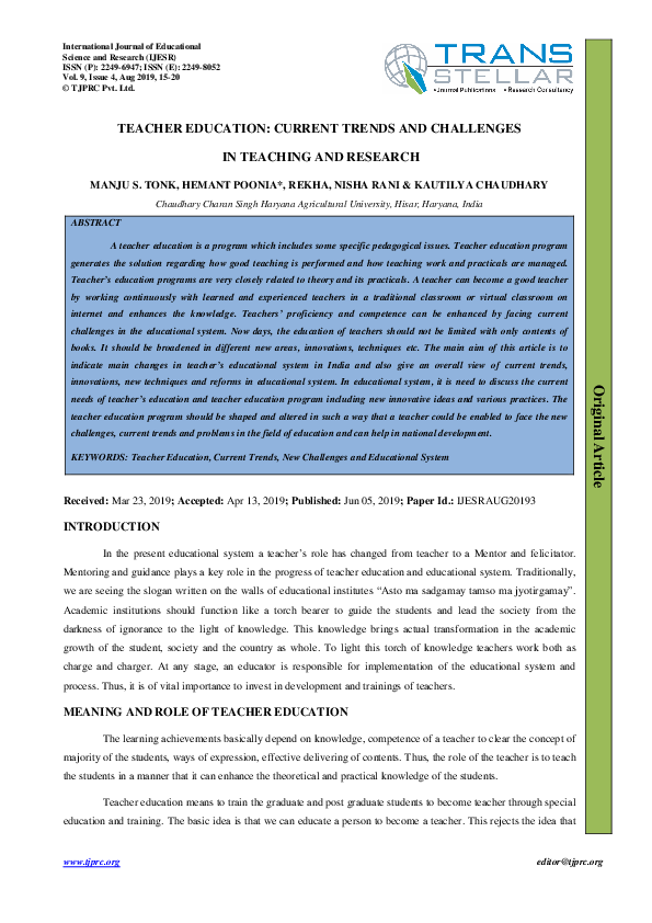 (PDF) Teacher Education, Current Trends and Challenges in Teaching and ...