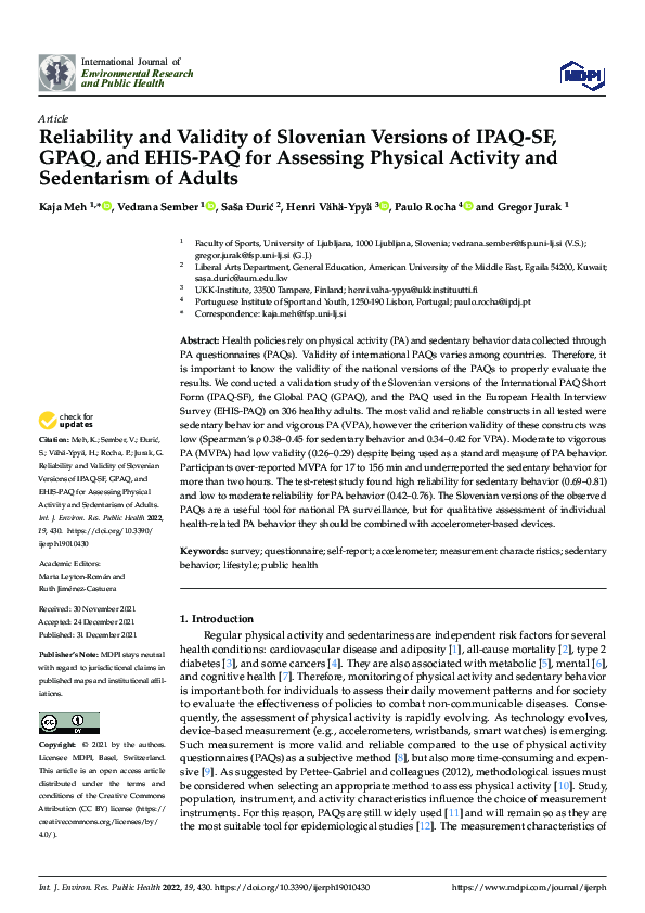 (PDF) Reliability and Validity of Slovenian Versions of IPAQ-SF, GPAQ, and EHIS-PAQ for ...