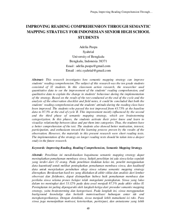 (PDF) Improving Reading Comprehension Through Semantic Mapping Strategy for Indonesian Senior ...