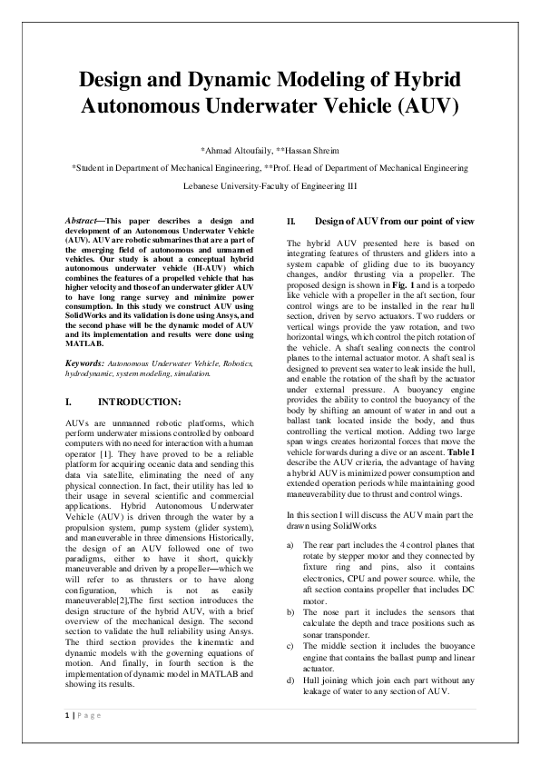 (PDF) Design and Dynamic Modeling of Hybrid Autonomous Underwater Vehicle (AUV