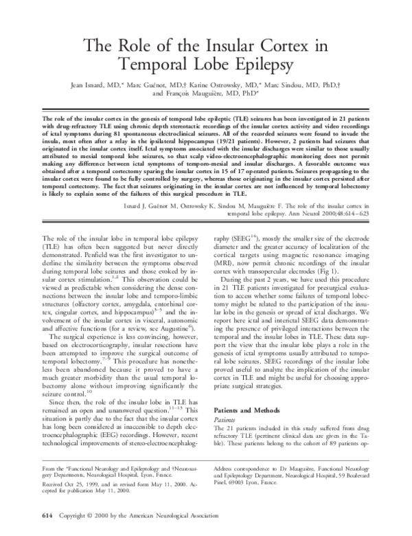 (PDF) The role of the insular cortex in temporal lobe epilepsy