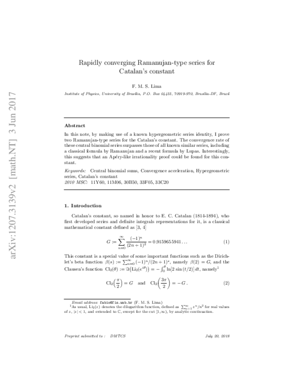Pdf A Rapidly Converging Ramanujan Type Series For Catalans Constant