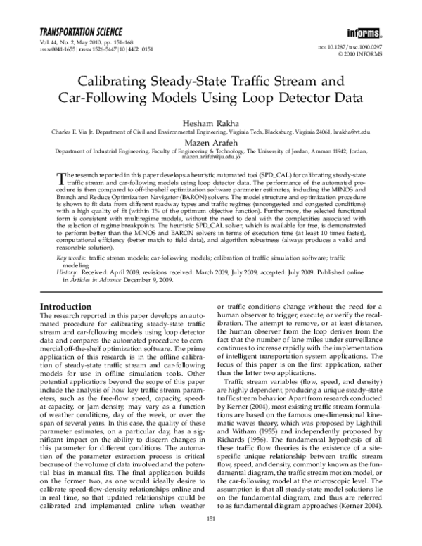 Pdf Calibrating Steady State Traffic Stream And Car Following Models Using Loop Detector Data