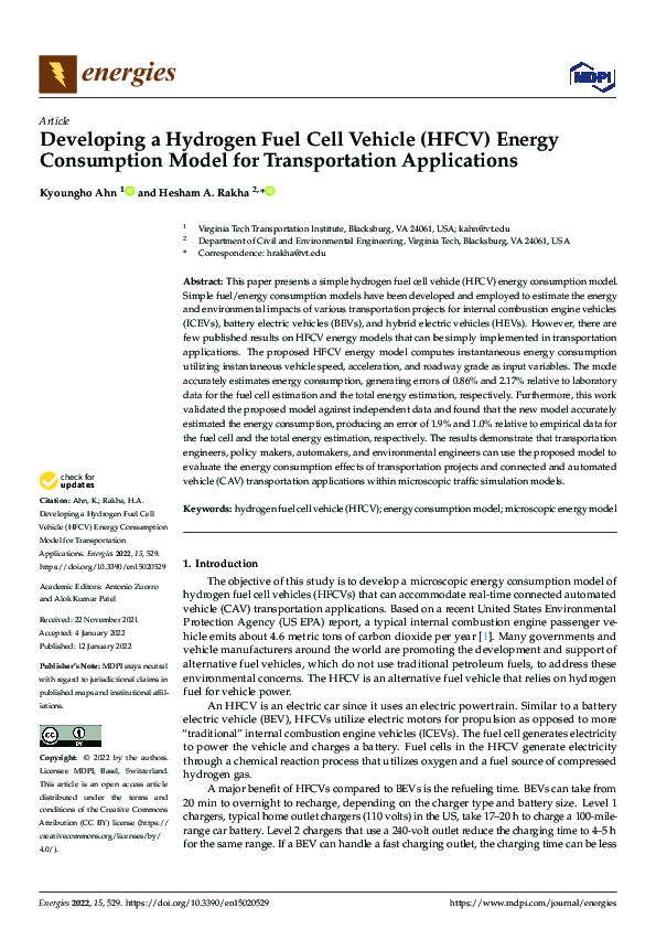 (PDF) Developing a Hydrogen Fuel Cell Vehicle (HFCV) Energy Consumption Model for Transportation ...