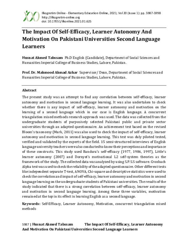(PDF) The Impact Of Self-Efficacy, Learner Autonomy And Motivation On Pakistani Universities ...