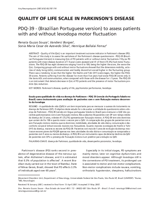 (PDF) Quality of life scale in parkinson's disease PDQ-39 - (Brazilian ...