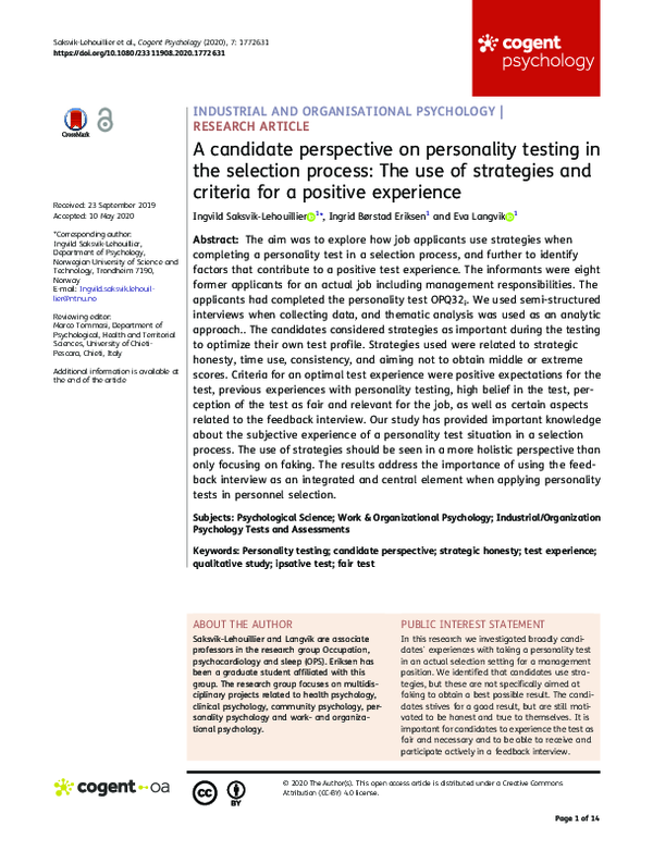 (PDF) A candidate perspective on personality testing in the selection ...