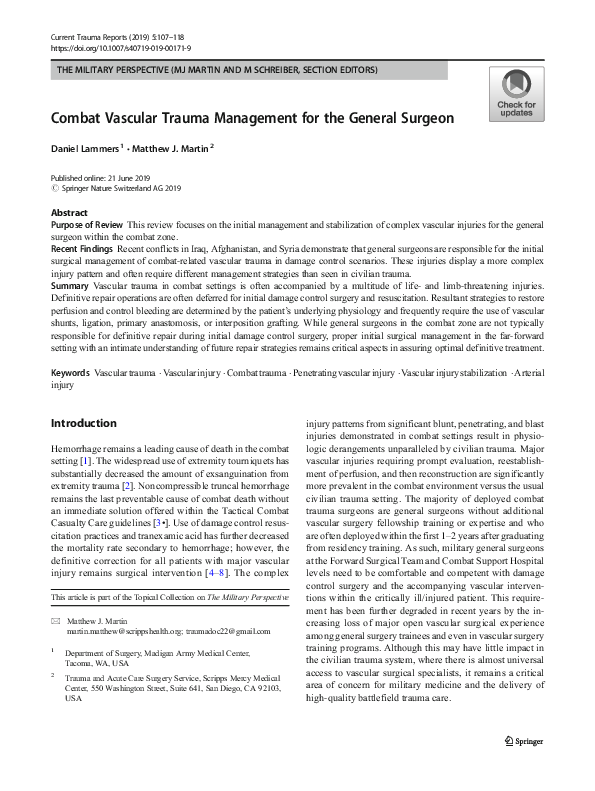 (PDF) Combat Vascular Trauma Management for the General Surgeon