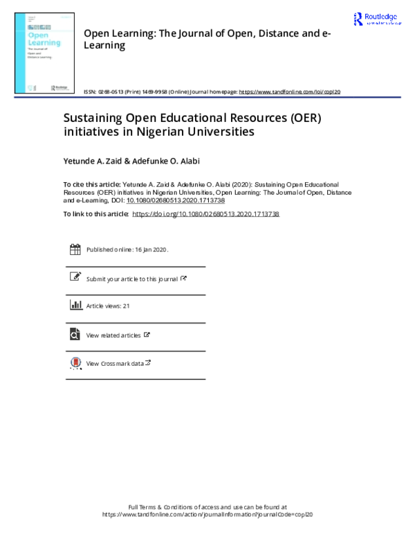 (PDF) Sustaining Open Educational Resources (OER) initiatives in ...