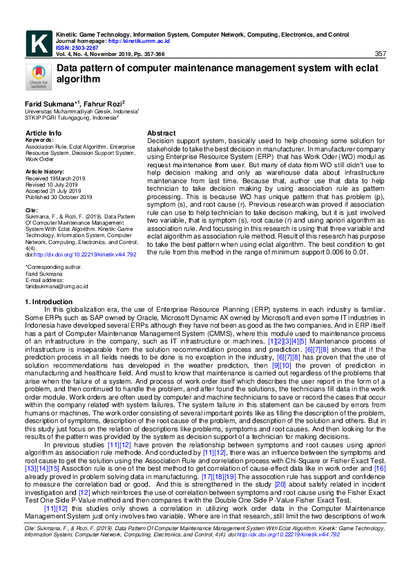 (PDF) Data Pattern Of Computer Maintenance Management System With Eclat Algorithm