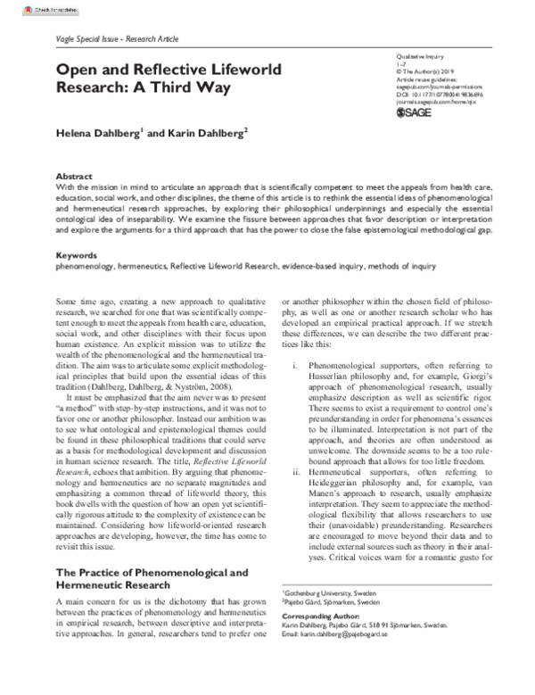 (PDF) Open and Reflective Lifeworld Research: A Third Way