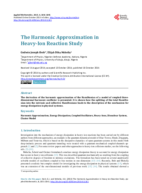 (PDF) The Harmonic Approximation in Heavy-Ion Reaction Study
