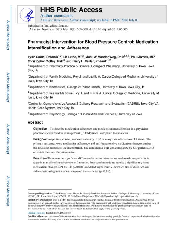 (PDF) Pharmacist intervention for blood pressure control: medication ...