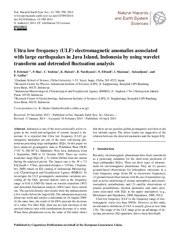 (PDF) Ultra low frequency (ULF) electromagnetic anomalies associated ...
