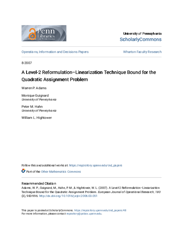 (PDF) A level-2 reformulation–linearization technique bound for the quadratic assignment problem