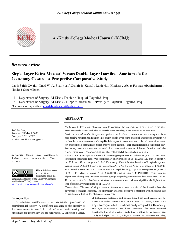 (PDF) Single Layer Extra-Mucosal Versus Double Layer Intestinal ...