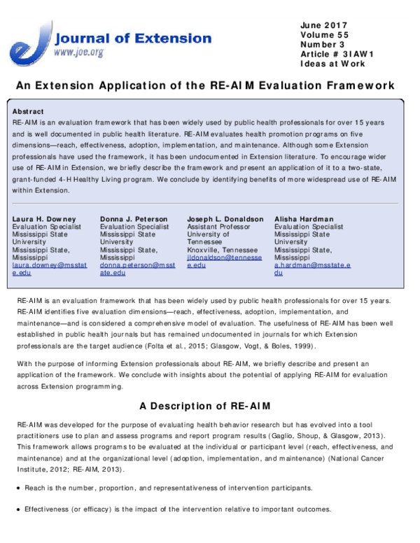 Pdf Ideas At Work An Extension Application Of The Re Aim Evaluation Framework A Description Of