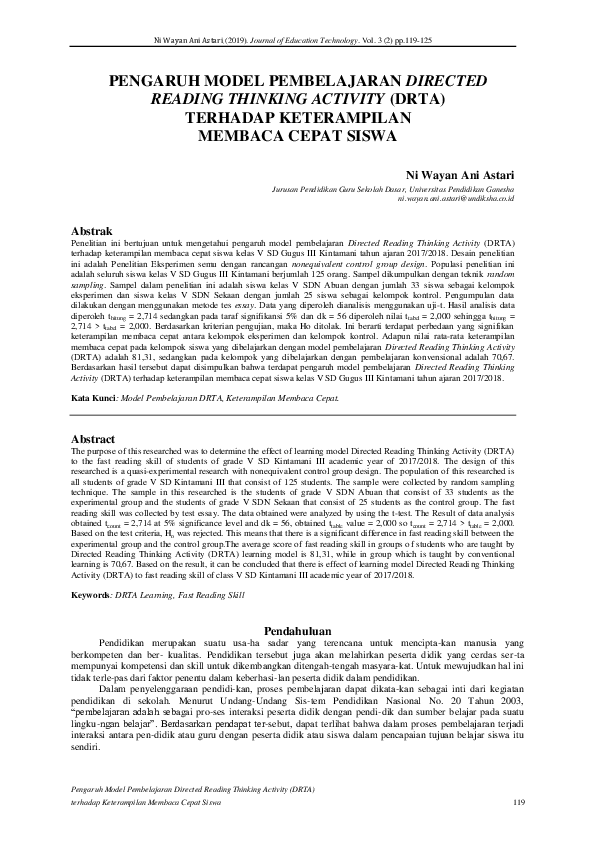 (PDF) Pengaruh Model Pembelajaran Directed Reading Thinking Activity ...