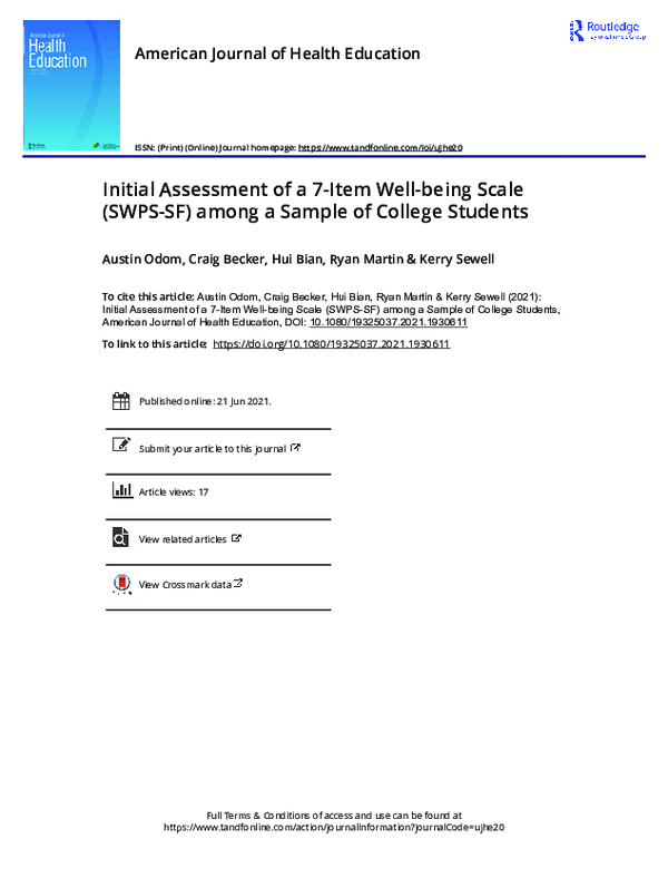 (PDF) Initial Assessment of a 7-Item Well-being Scale (SWPS-SF) among a ...