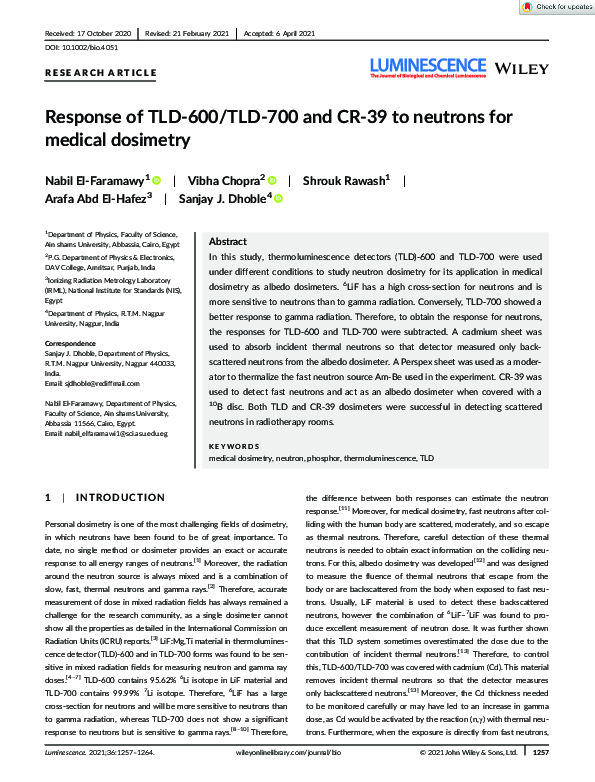 (PDF) Response of TLD‐600/TLD‐700 and CR‐39 to neutrons for medical ...