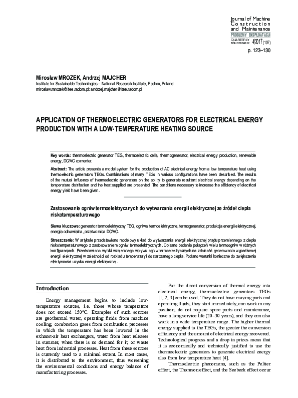 (PDF) Application of thermoelectric generators for electrical energy ...