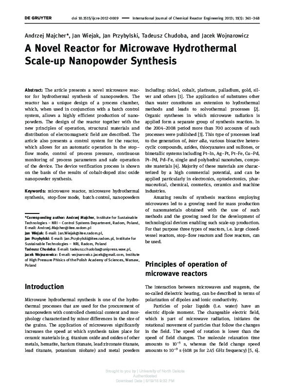 (PDF) A Novel Reactor for Microwave Hydrothermal Scale-up Nanopowder ...