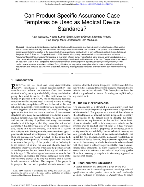(PDF) Can Product-Specific Assurance Case Templates Be Used as Medical ...