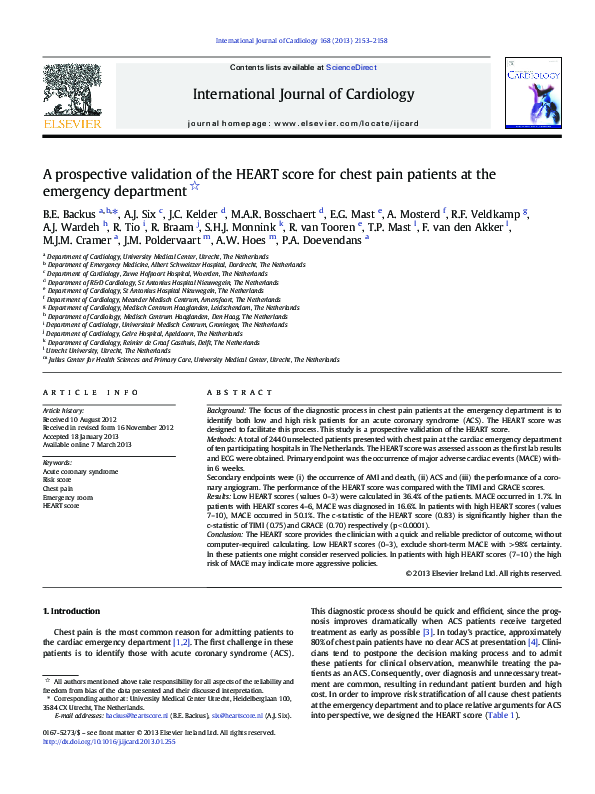 (PDF) A prospective validation of the HEART score for chest pain ...