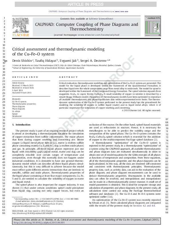 (PDF) Critical assessment and thermodynamic modeling of the Cu–Fe–O system