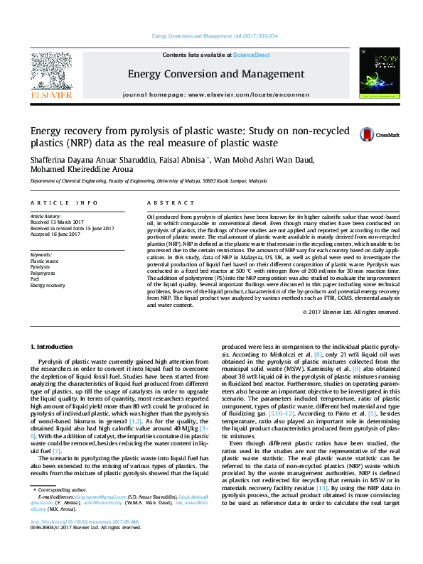 (PDF) Energy recovery from pyrolysis of plastic waste: Study on non ...