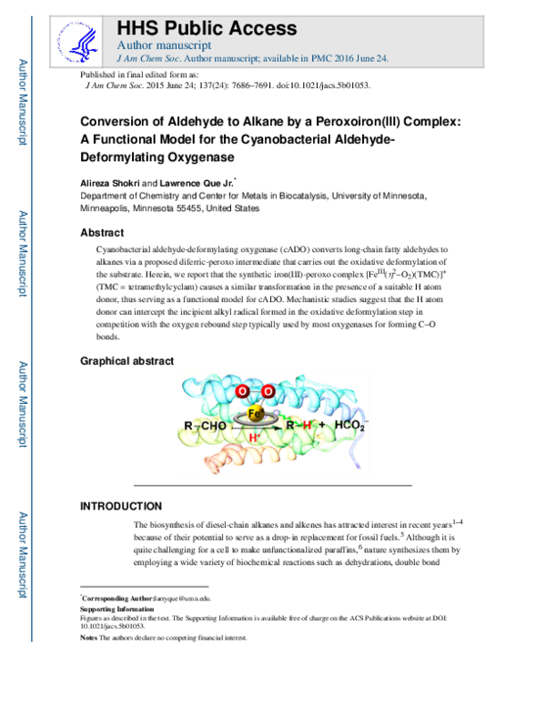 (PDF) Conversion of Aldehyde to Alkane by a Peroxoiron(III) Complex: A ...