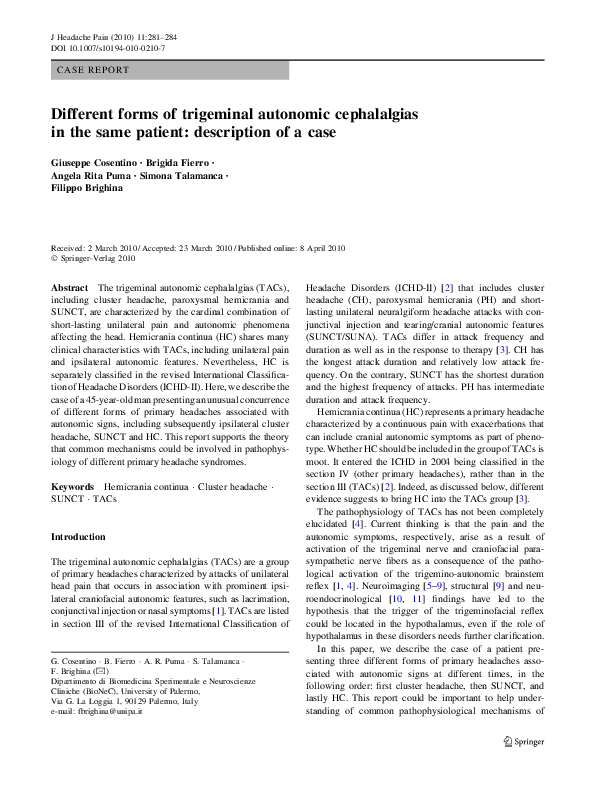 Different forms of trigeminal autonomic cephalalgias in the same ...
