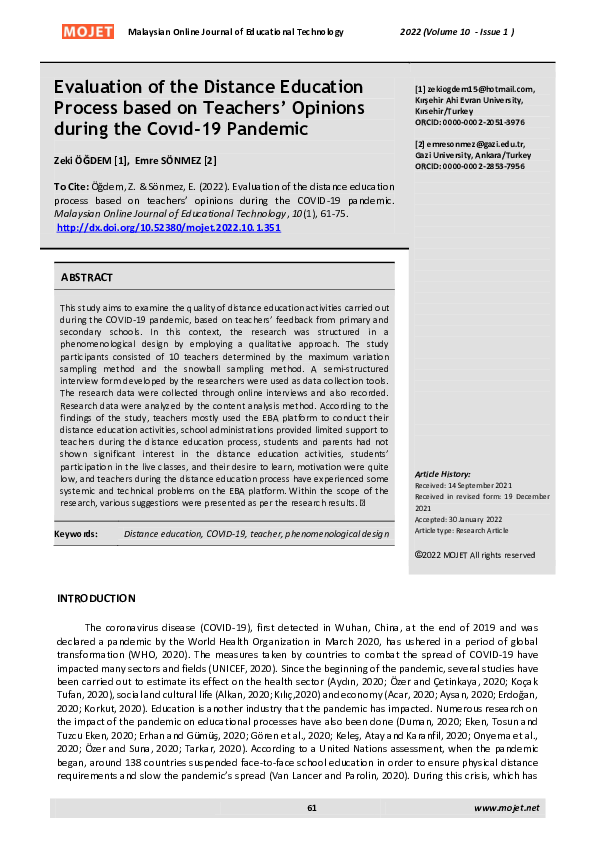 (PDF) Evaluation of the Distance Education Process based on Teachers ...