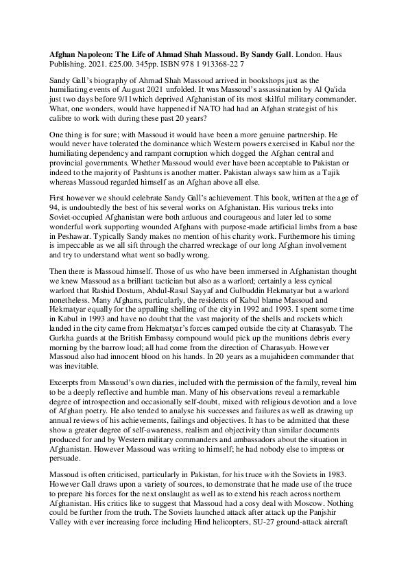 (PDF) Review of "Afghan Napoleon: The life of Ahmad Shah Massoud" by ...
