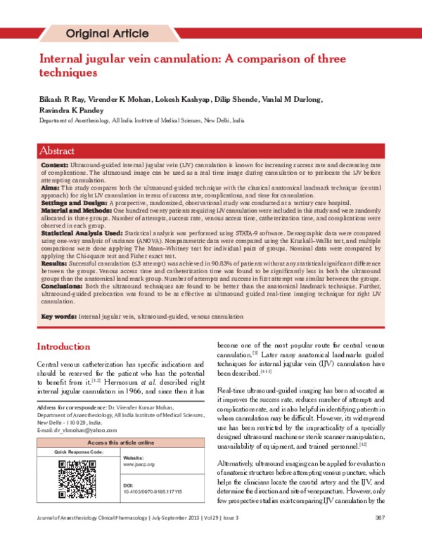 (PDF) Internal jugular vein cannulation - comparison of central ...