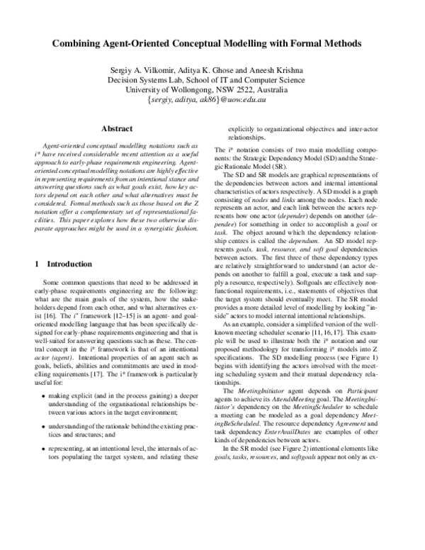 Pdf Combining Agent Oriented Conceptual Modelling With Formal Methods Aneesh Krishna