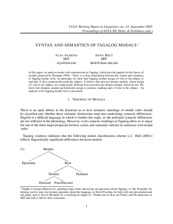 (PDF) Syntax and semantics of Tagalog modals