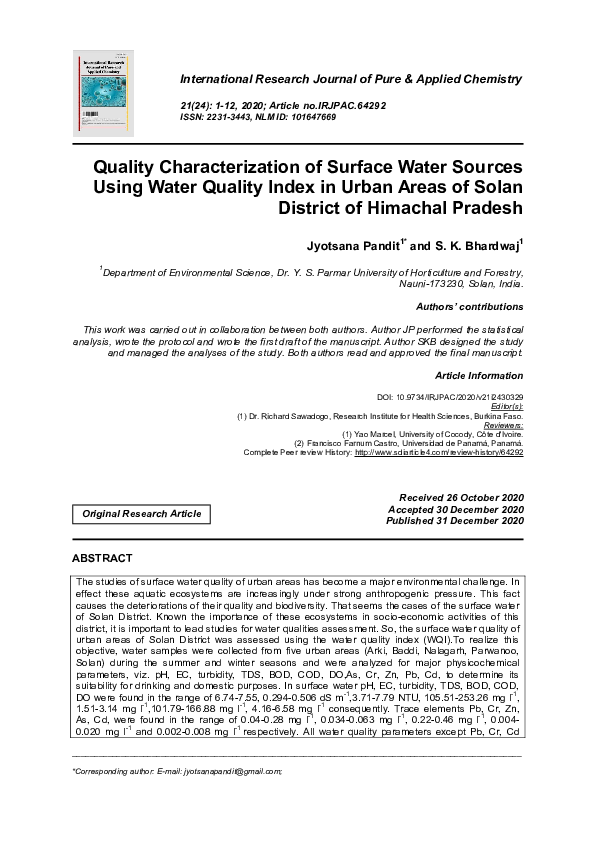(PDF) Quality Characterization of Surface Water Sources Using Water ...
