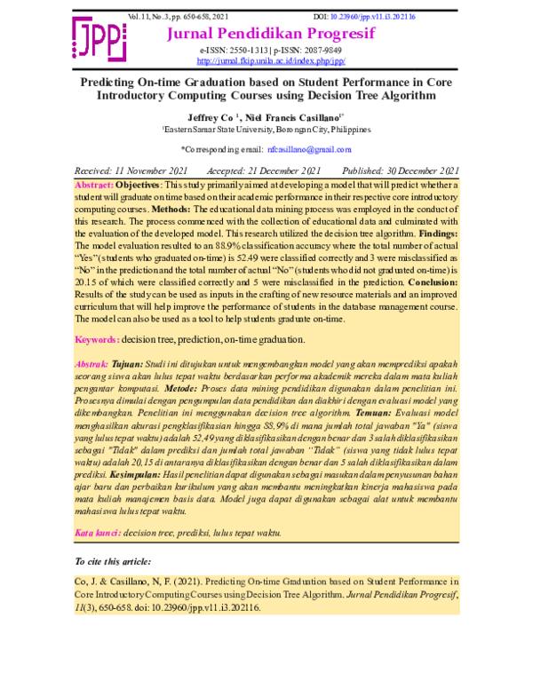 (PDF) Predicting On-time Graduation based on Student Performance in Core Introductory Computing ...